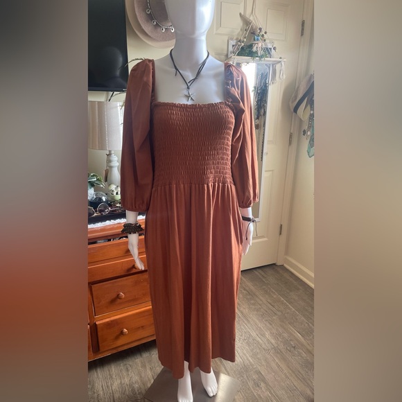 culture code | Dresses | Elegant Rust Colored Smocked Midi Dress ...